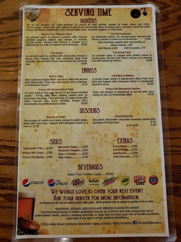 Menu at Prison Hill Brewing restaurant, Yuma