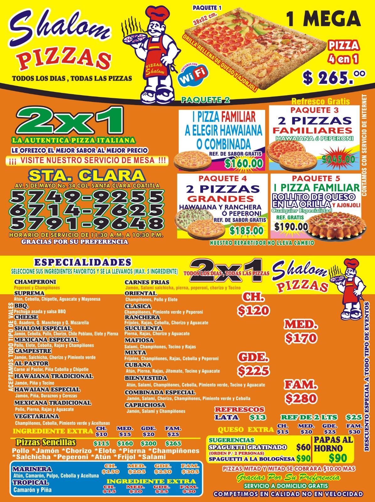 Carta del restaurante Shalom PIZZAS, Ecatepec