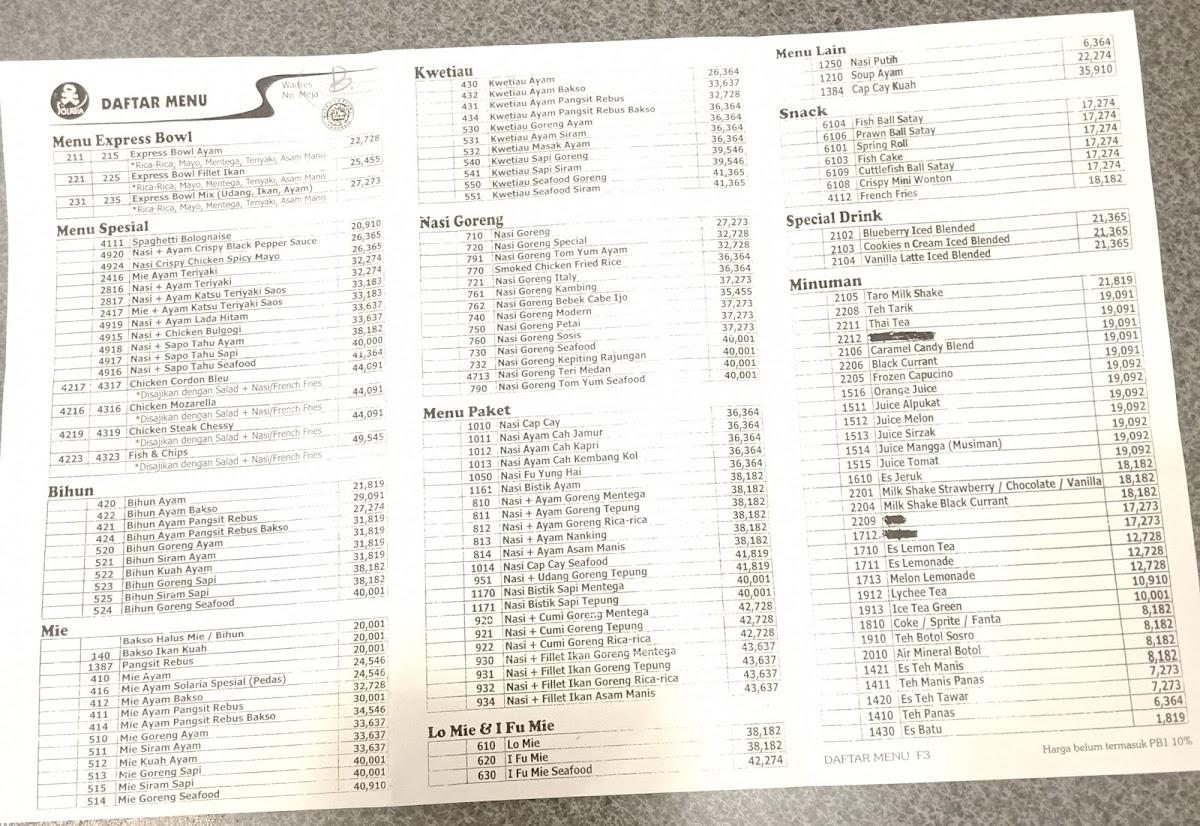 Menu at Solaria restaurant, Sidoarjo, Lippo Plaza Sidoarjo