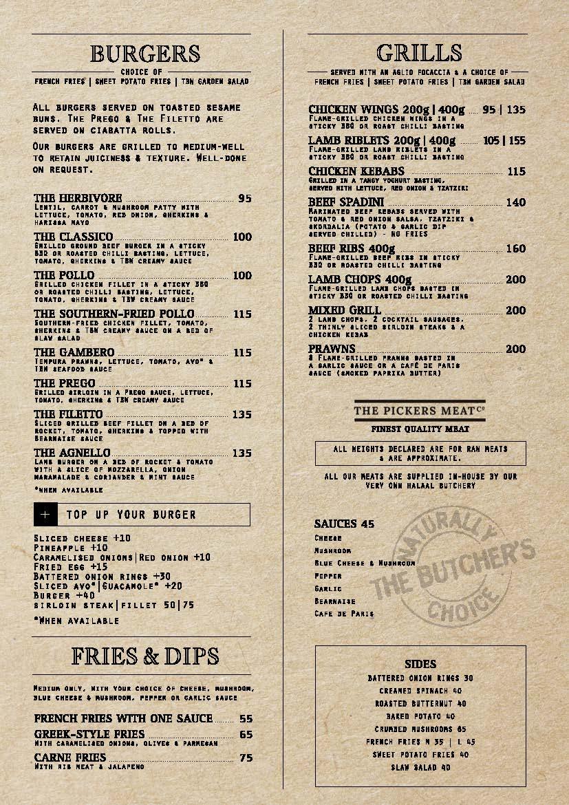 Menu at The Butcher's Wife restaurant, Cape Town
