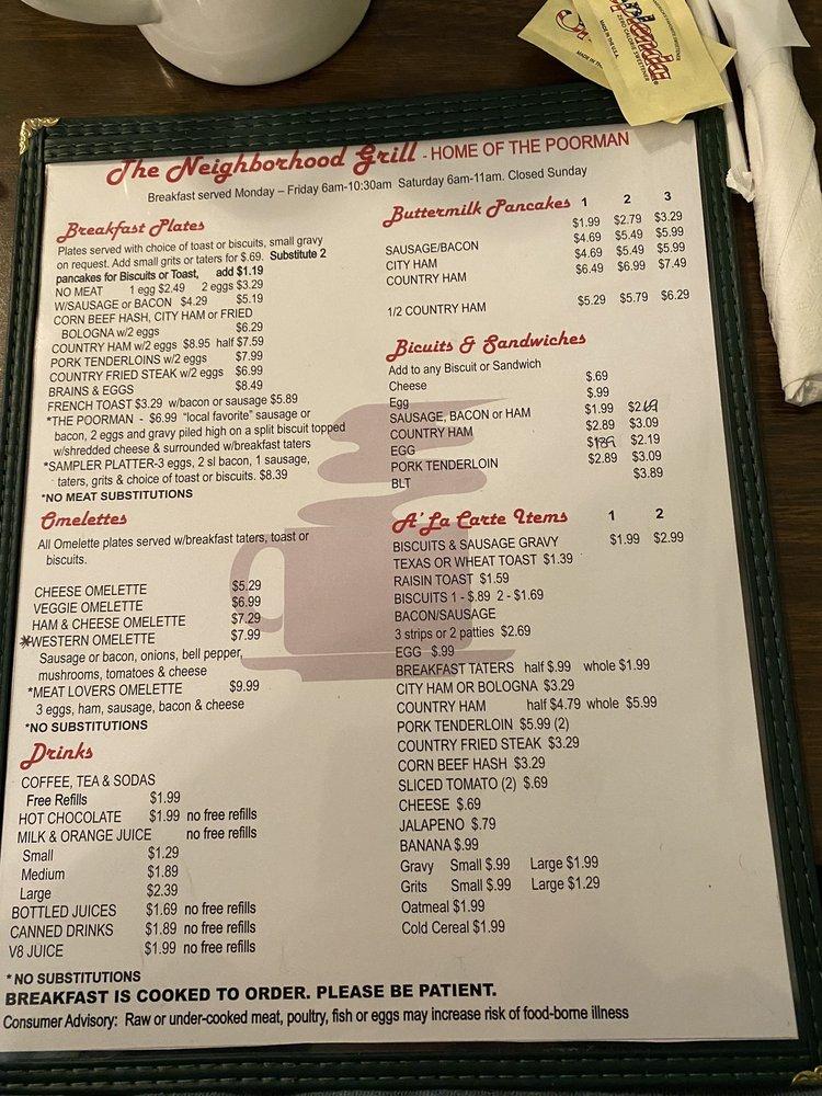 Menu at The Neighborhood Grill restaurant, Olive Branch, MS-178