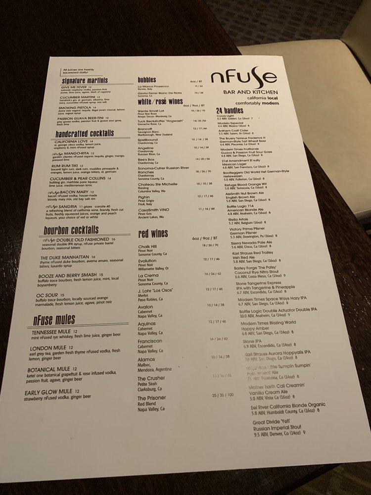 Menu at nFuse Restaurant, Bar & Lounge, Anaheim