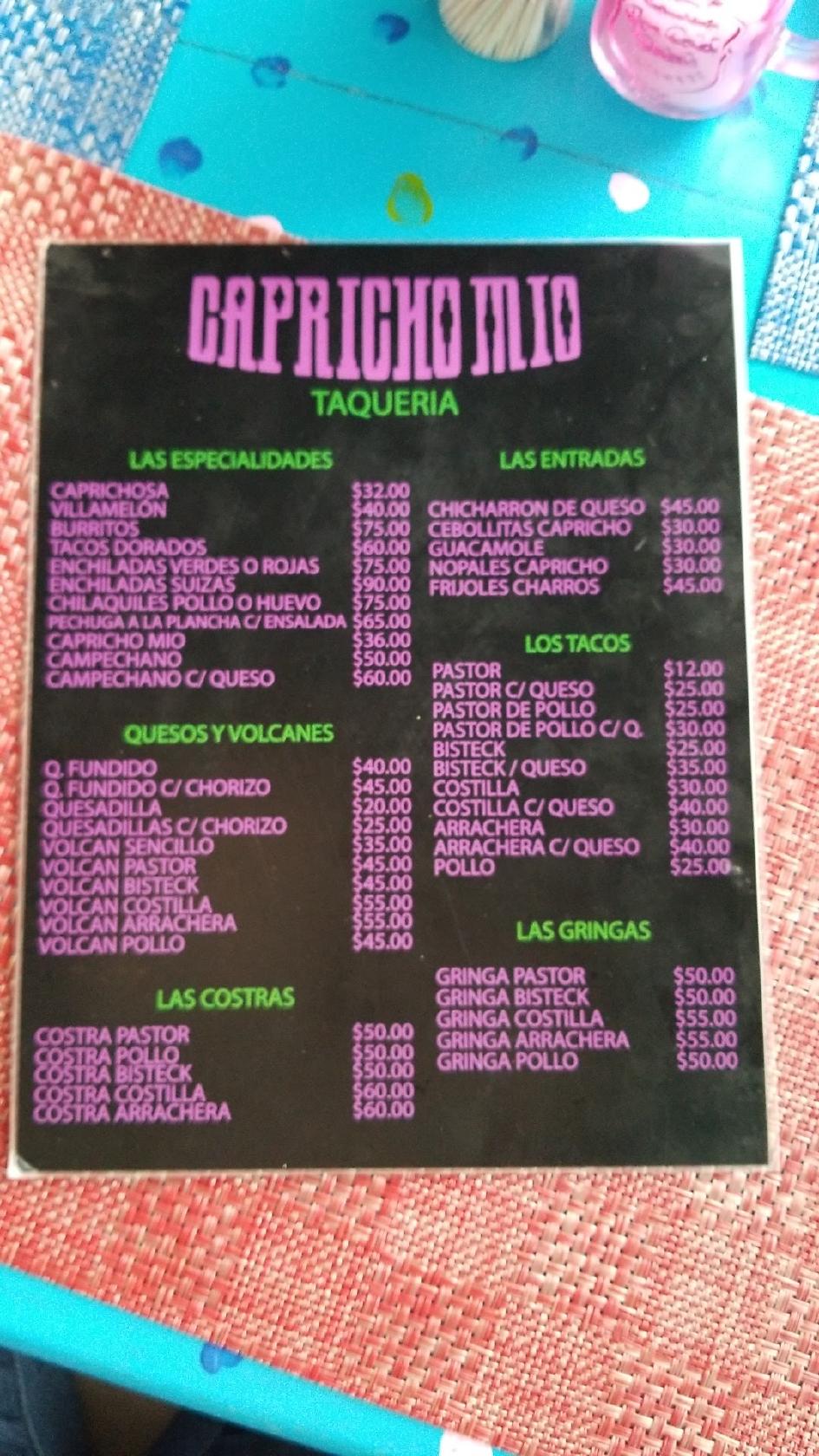Menu at Capricho Mío Taquería restaurant, Huixquilucan de Degollado