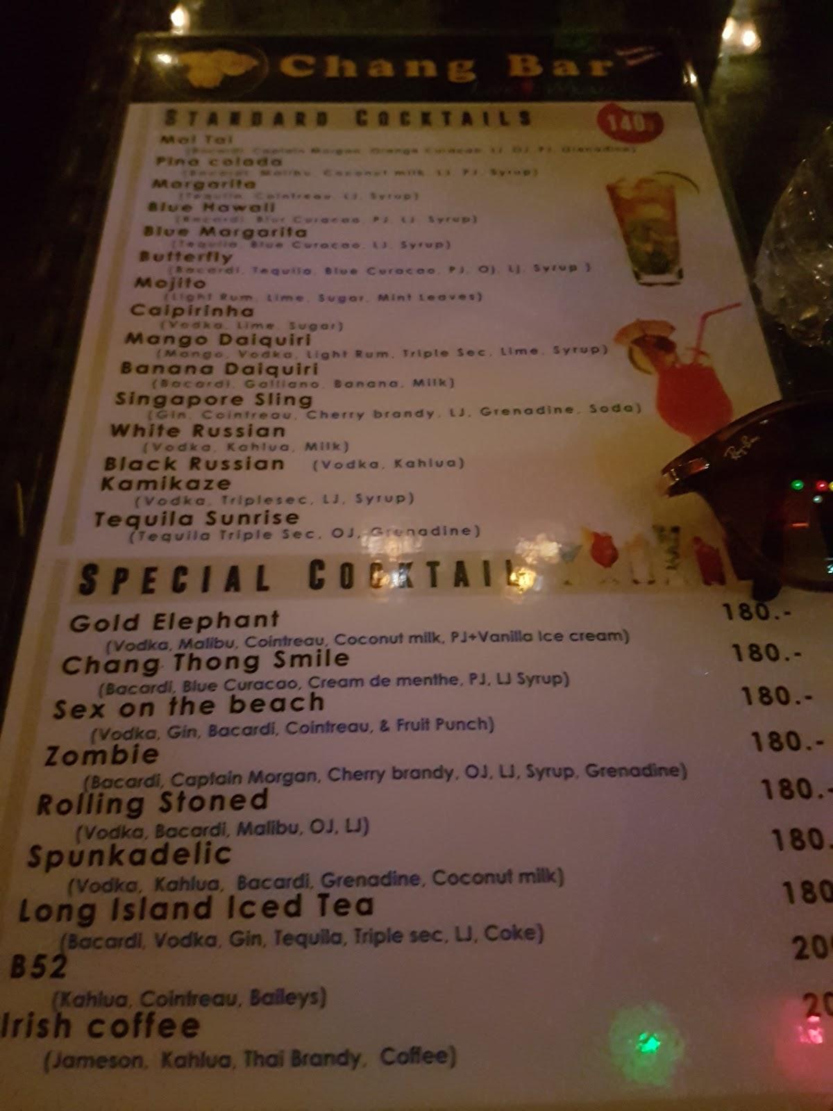 Menu at Chang Bar, Khuekkhak, 26/107 village no7