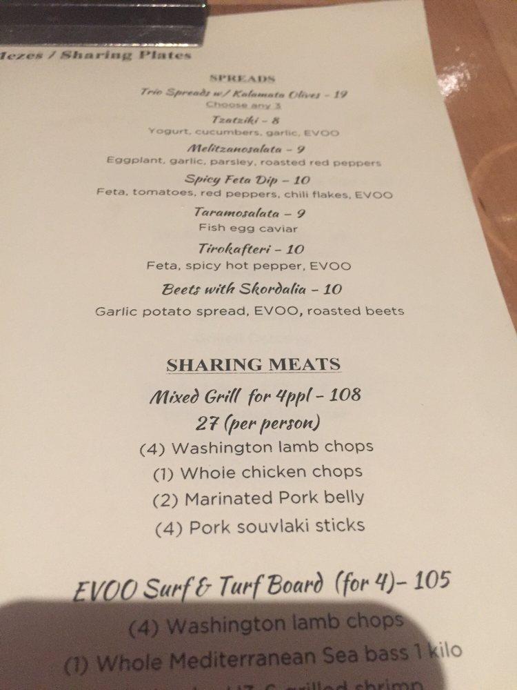 Menu at EVOO Greek Kitchen restaurant, Ottawa