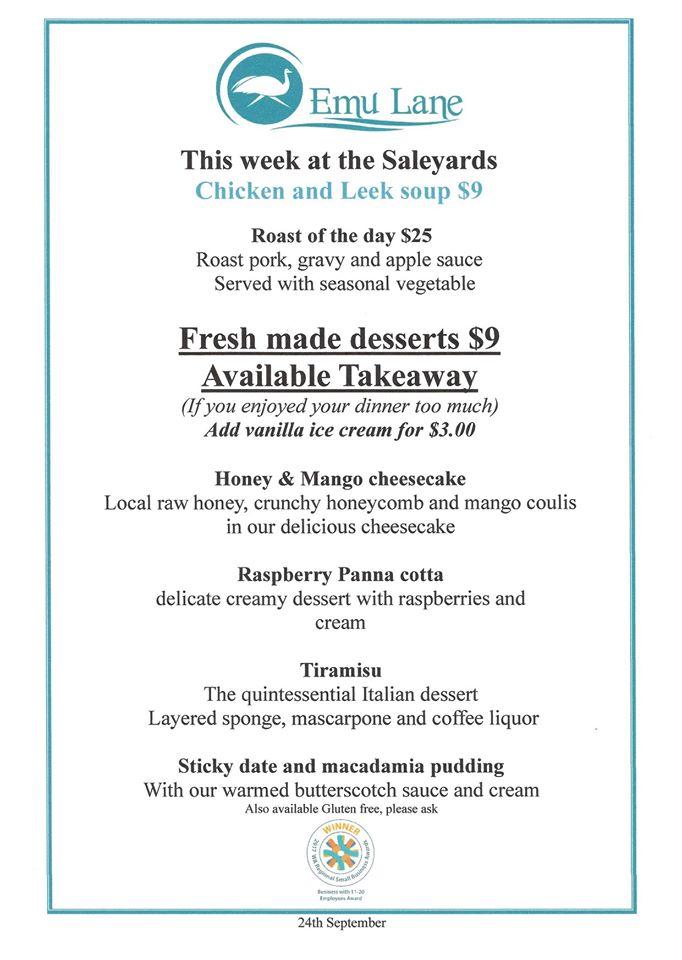 Menu at Emu Lane Coffee Cart cafe, Katanning