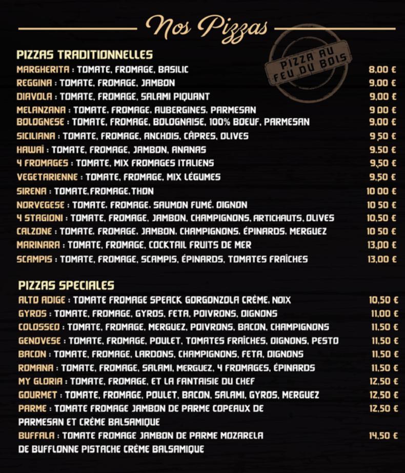 Menu au Gloria Pizzeria Liège, Liège