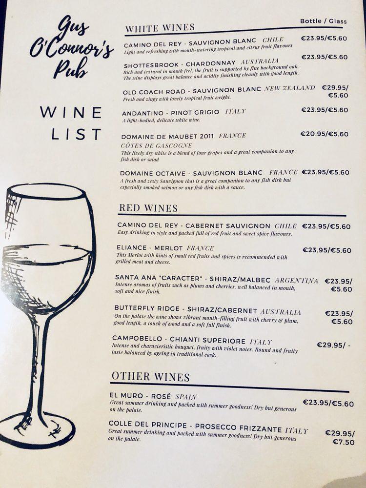 Menu at Gus O'Connor's Pub, Doolin