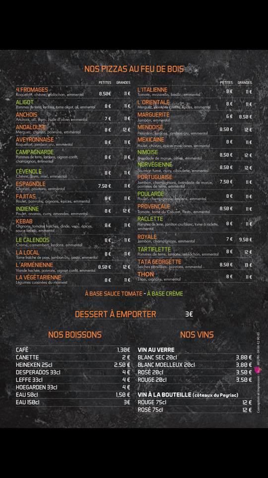 Menu at Le Local pizzeria, Mende