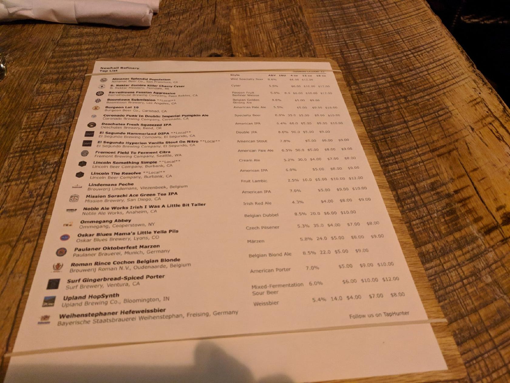 Menu at Newhall Refinery restaurant, Santa Clarita