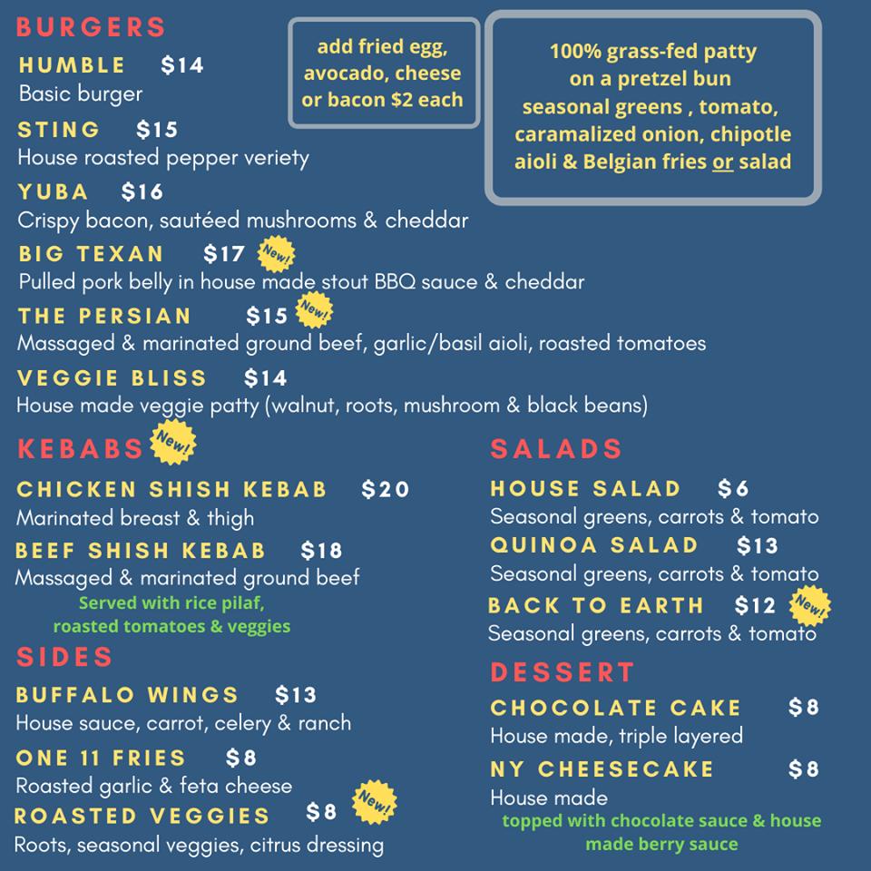 Menu at One 11 Kitchen and Bar, Nevada City