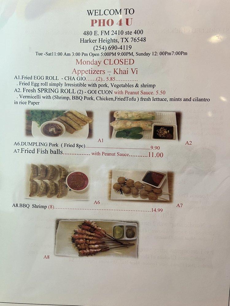 Menu at Pho 4 U restaurant, Harker Heights