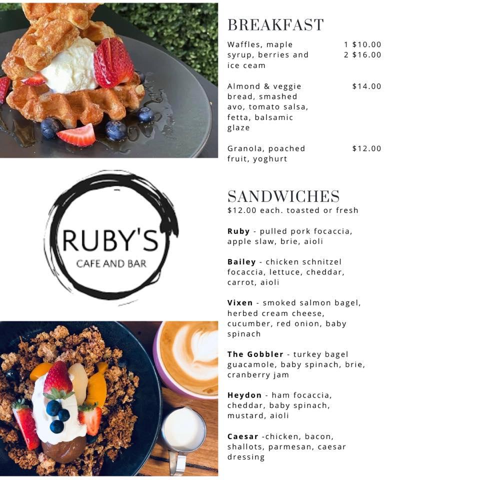 Carta del pub y bar Ruby’s, Evatt