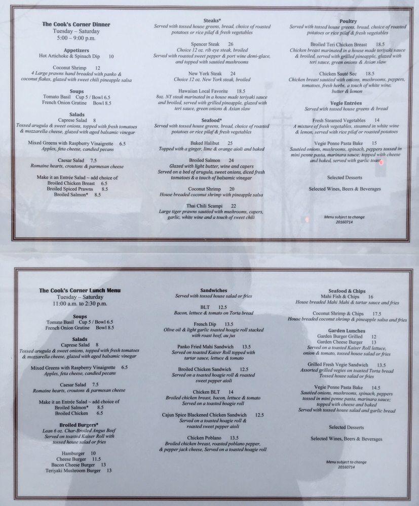 Menu at The Cook's Corner Diner restaurant, Wenatchee