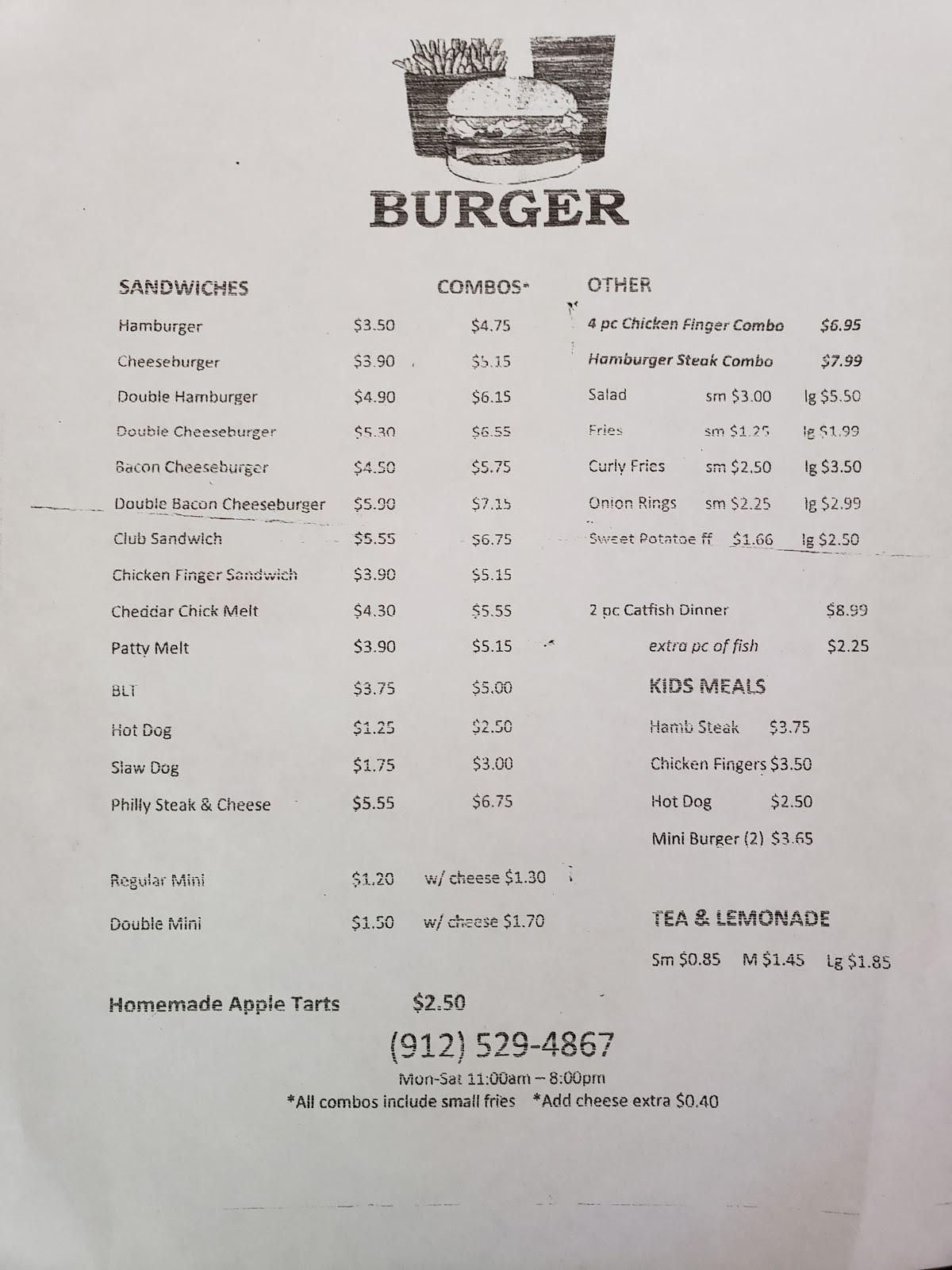 Menu at Tiny Burger restaurant, Soperton, E Railroad Ave