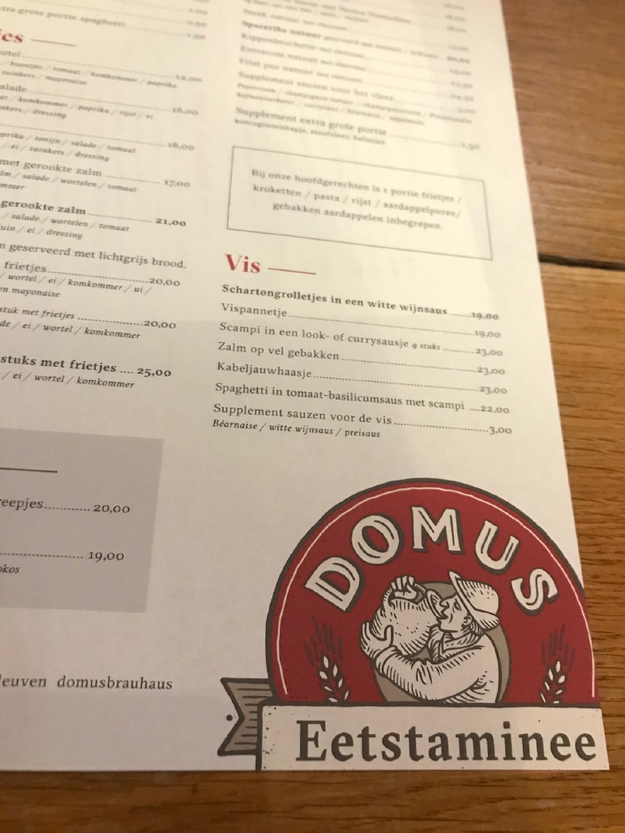 Menu at Domus, Leuven, Tiensestraat 8