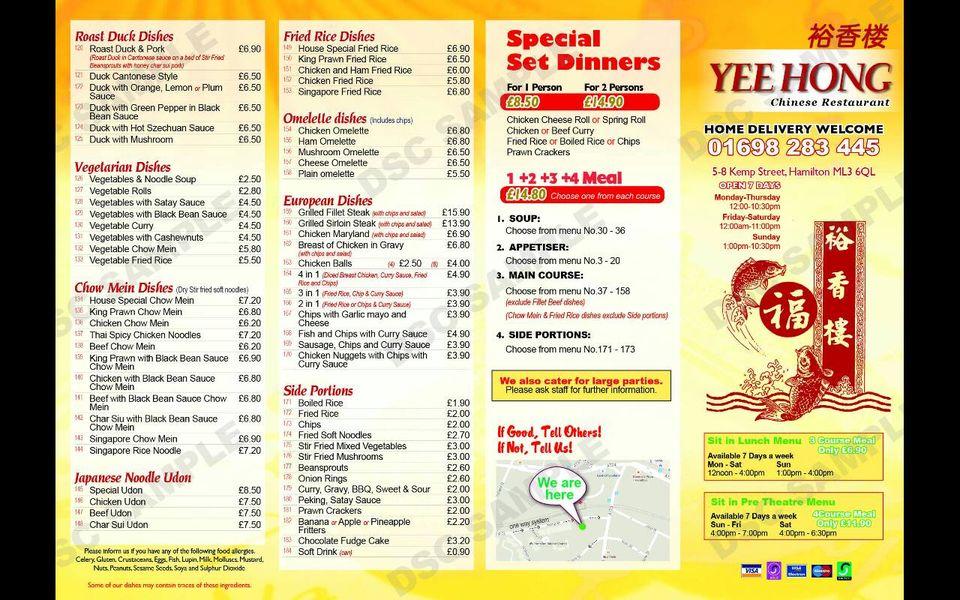 Menu at Yee Hong Restaurant, Hamilton, 5-8 Kemp St