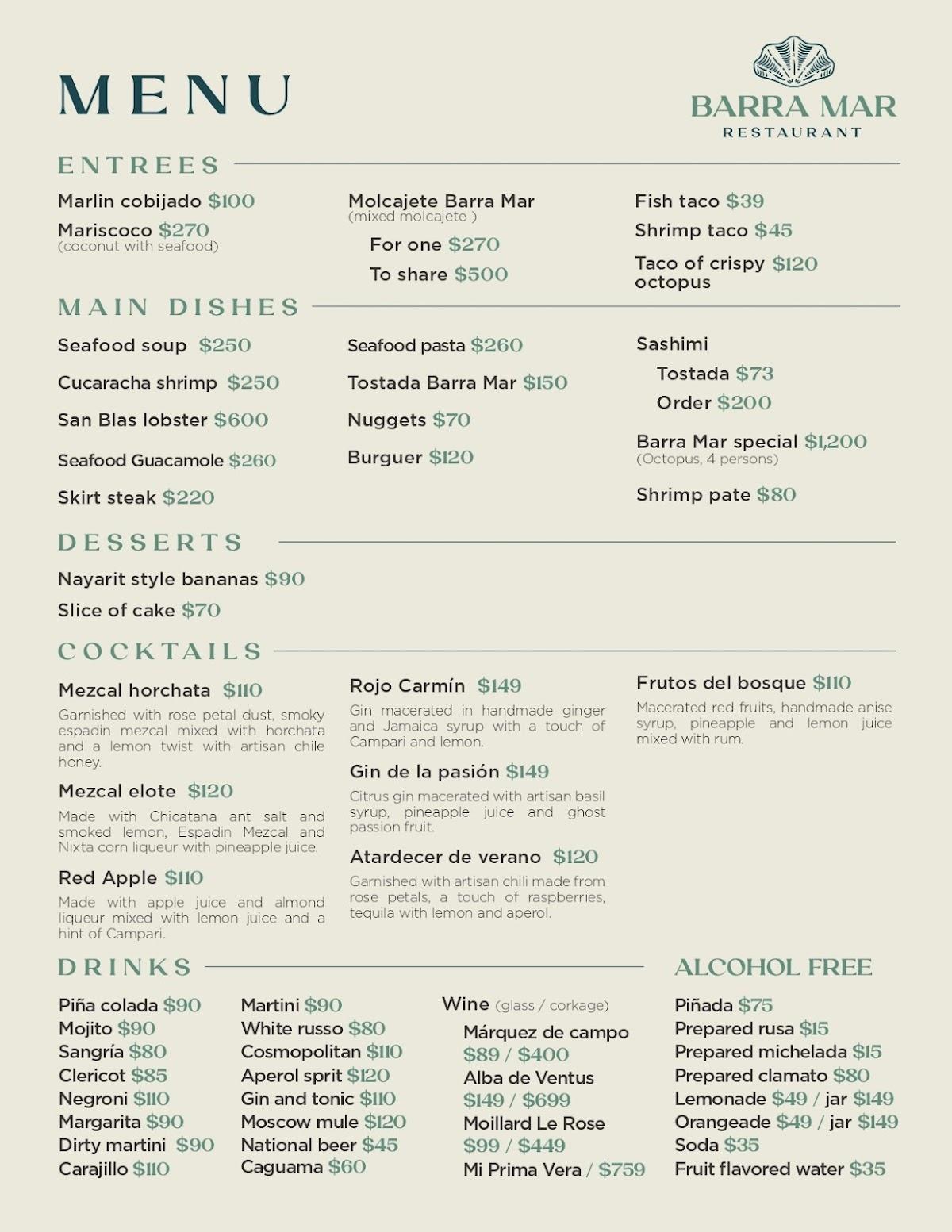 Menu at Barra Mar, Ajijic