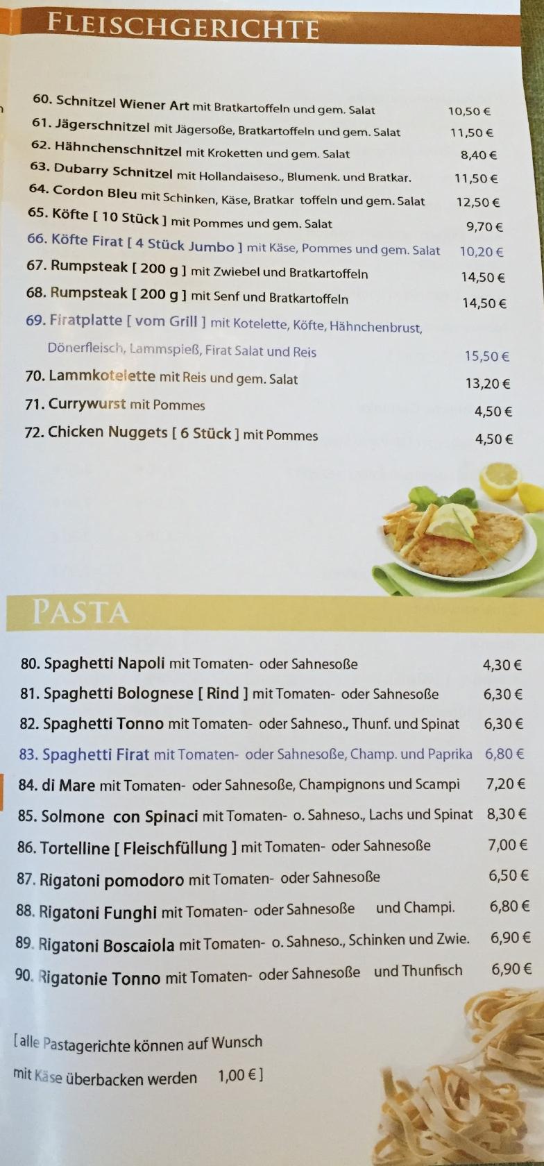 Menu at Firat restaurant, Stadthagen