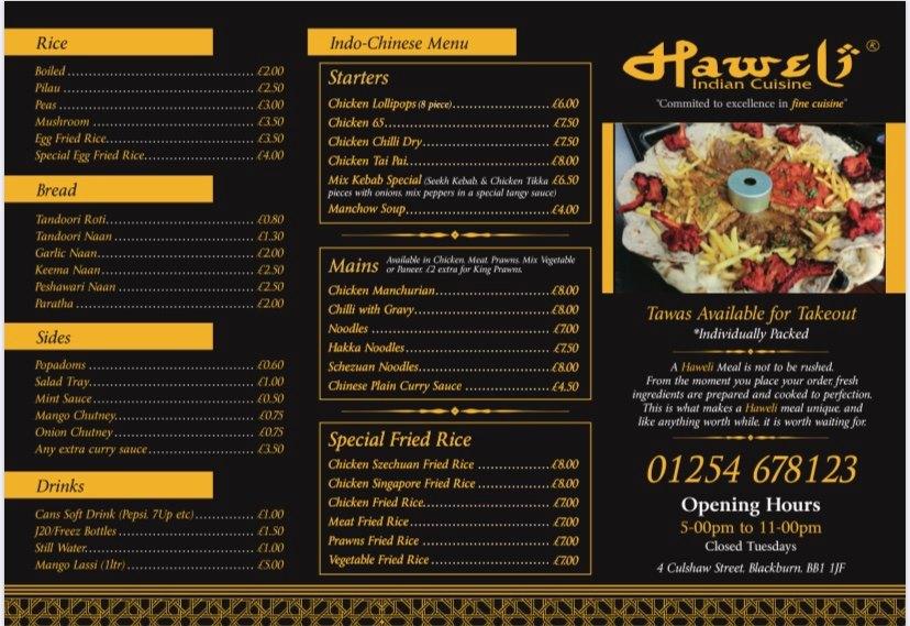 Menu at Haweli Indian Cuisine restaurant, Blackburn