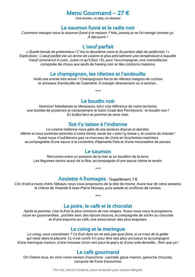 Menu au Auberge de l'Abbaye restaurant, Thiron-Gardais