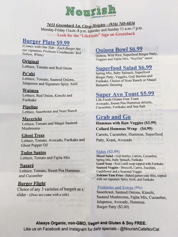 Menu at Nourish Health Bar and Cafe, Citrus Heights