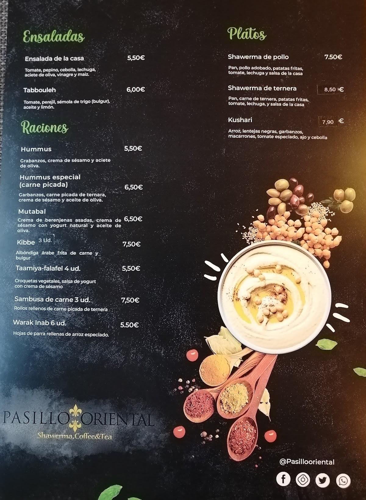 Carta del restaurante Pasillo Oriental, Córdoba