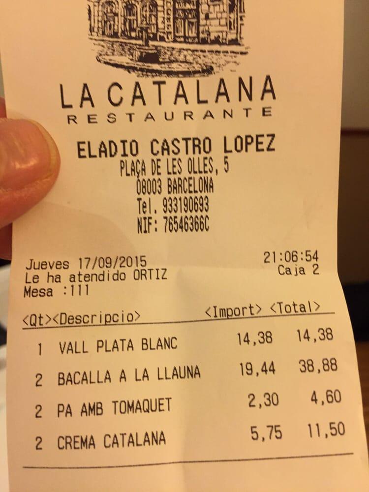 Carta de Restaurante La Catalana, Barcelona, Plaça de les Olles