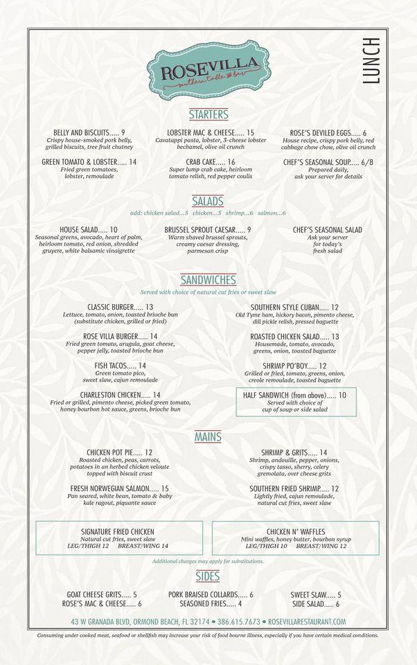 Menu at Rose Villa Restaurant, Southern Table and Bar, Ormond Beach