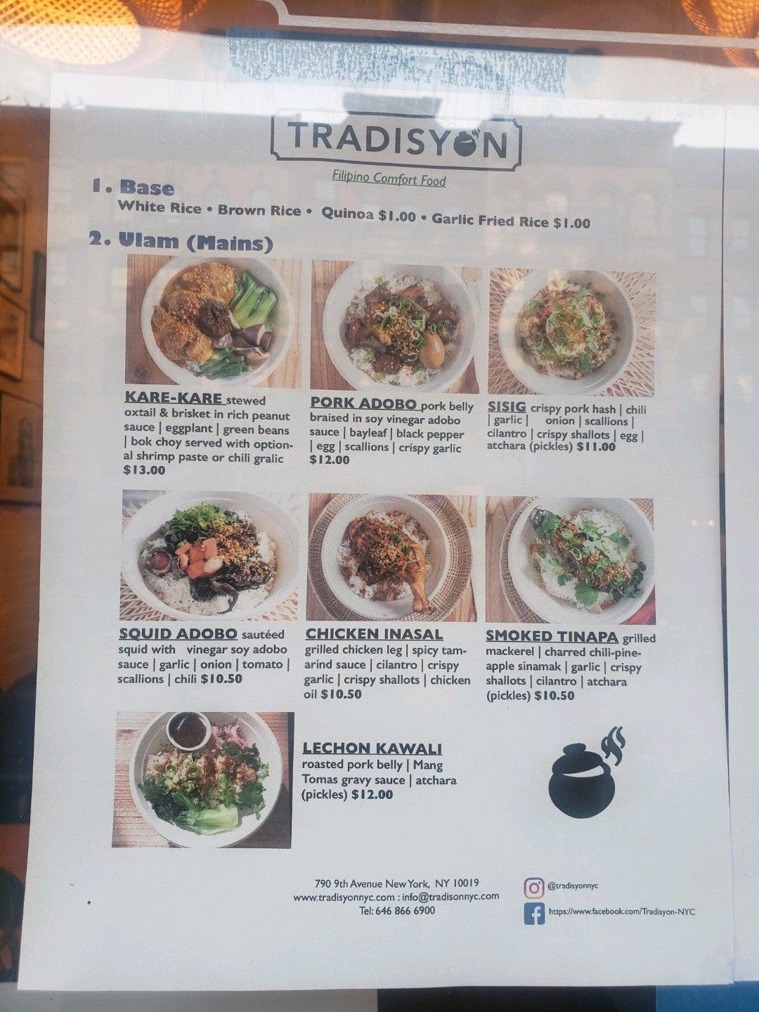 Menu at Tradisyon restaurant, West New York, 790 9th Ave