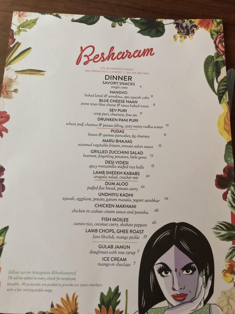 Menu at Besharam restaurant, San Francisco