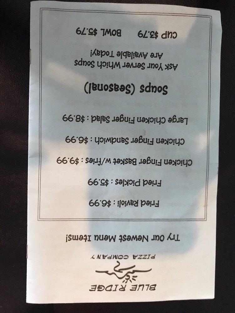 Menu at Blue Ridge Pizza Company pizzeria, Etowah
