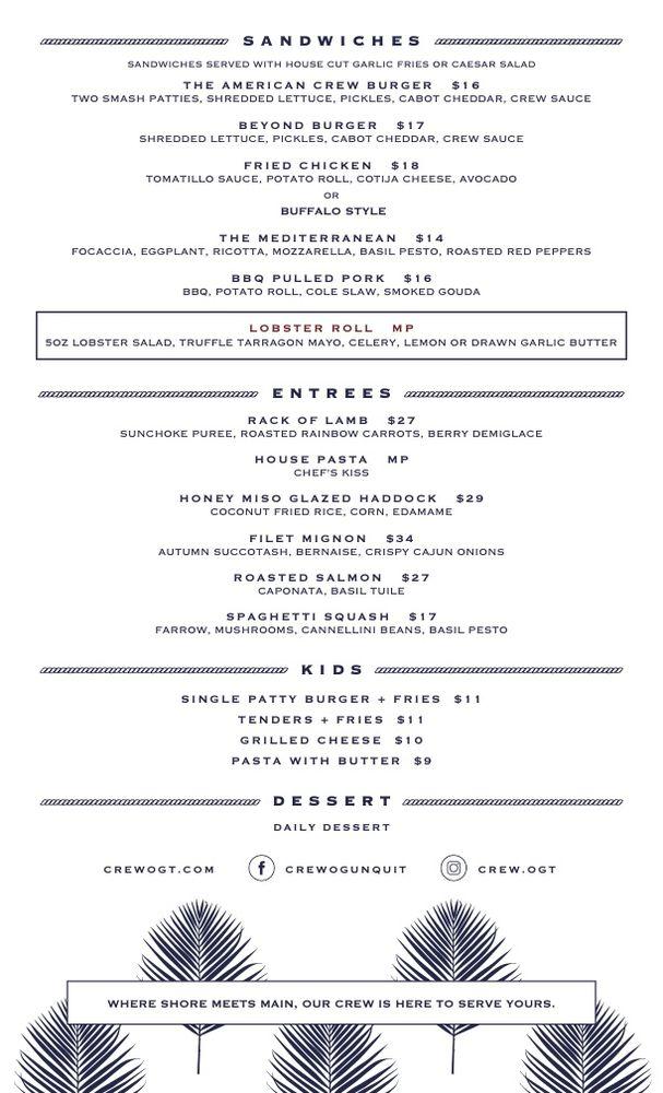 Menu at CREW Ogunquit pub & bar, Ogunquit