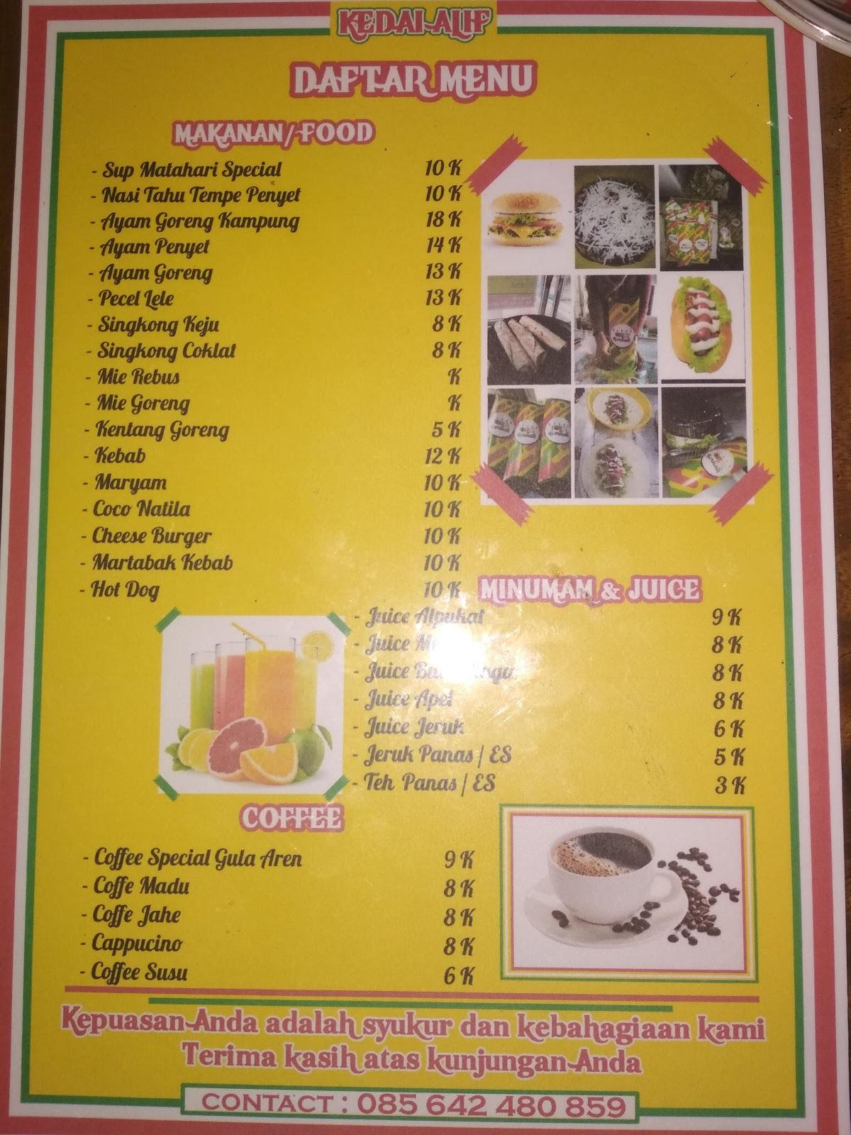 Menu at KEDAI ALIF cafe, Wanurejo