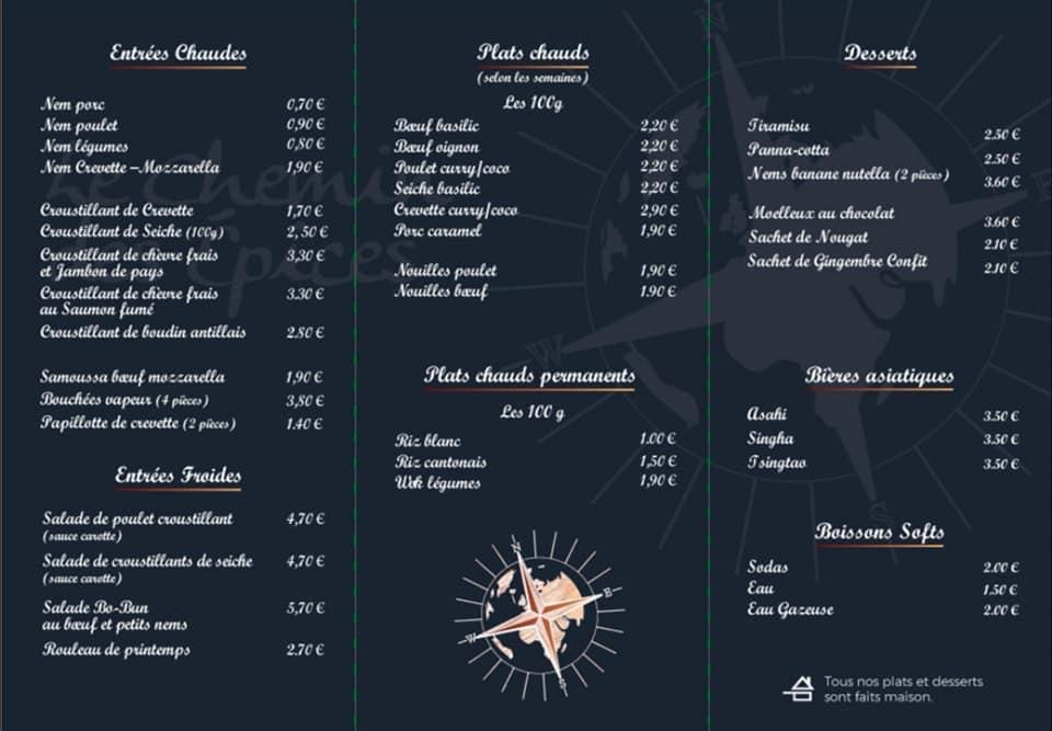 Menu au Le Chemin Des Épices vente à emporter restaurant, Rochefort
