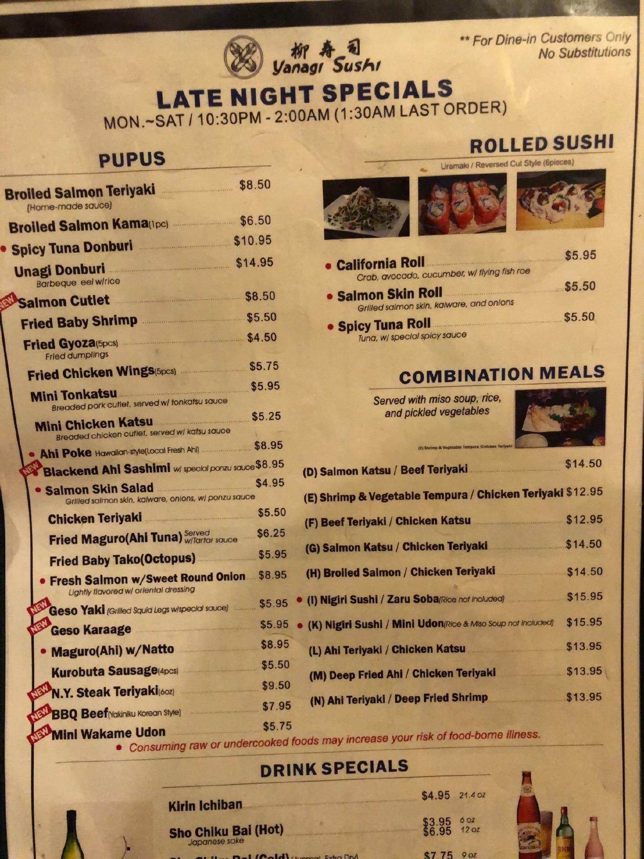 Menu at Yanagi Sushi restaurant, Honolulu