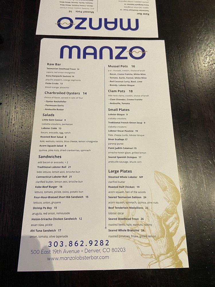 Carta de Manzo Lobster and Oyster Bar, Denver