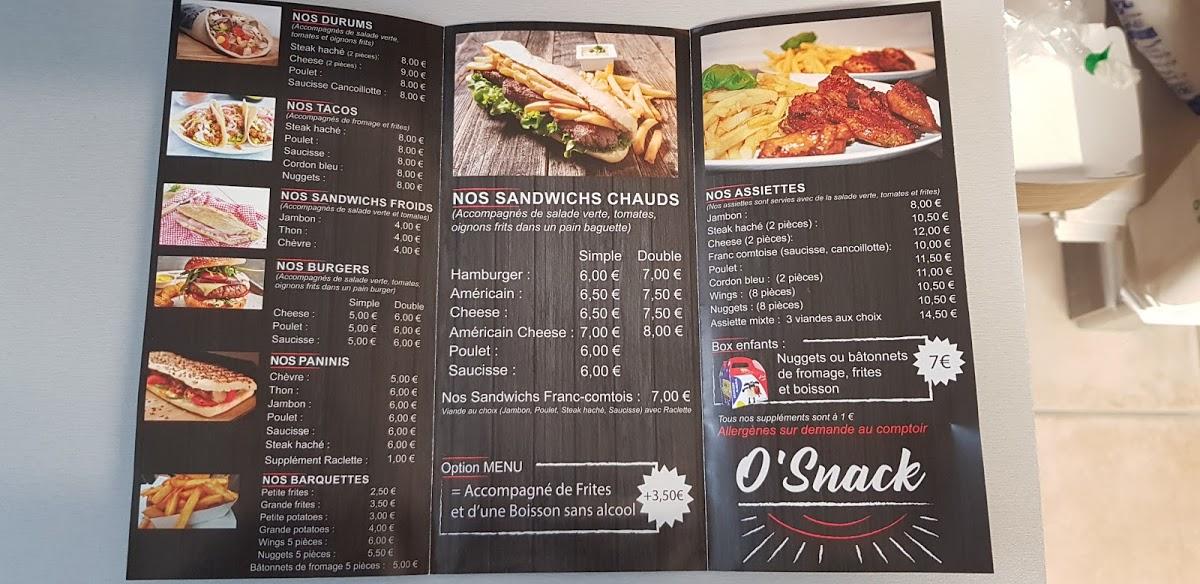 Menu au O Snack restaurant, Charquemont