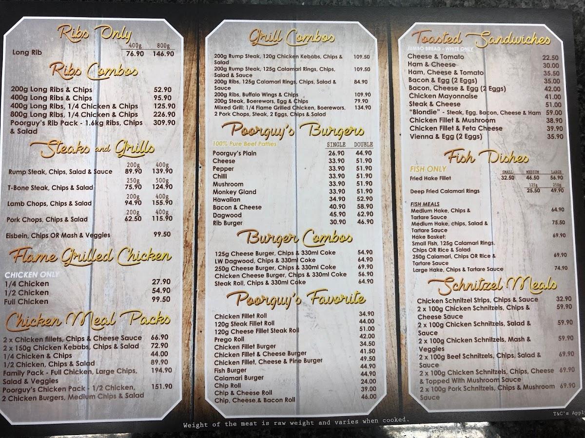 Menu at Poor Guys Fast Food, Pretoria
