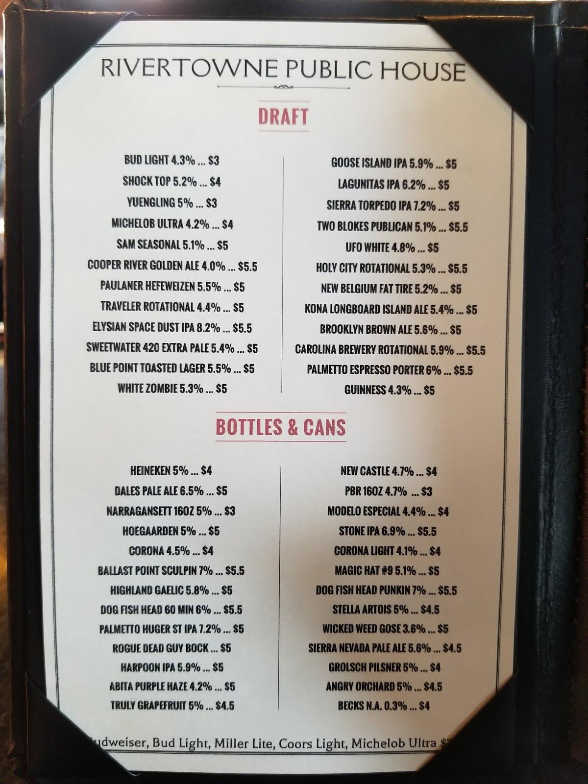 Carta de Rivertowne Public House, Mount Pleasant