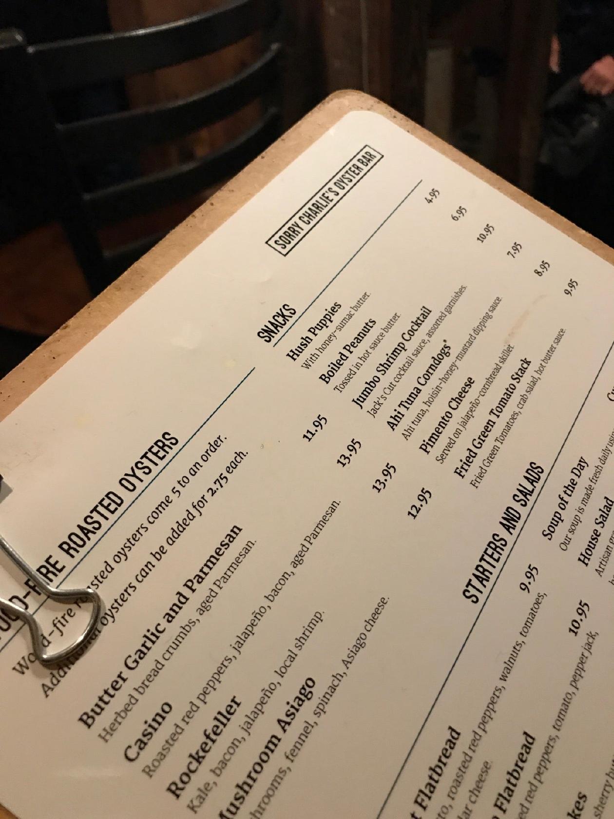 Menu at Sorry Charlie's Oyster Bar, Savannah