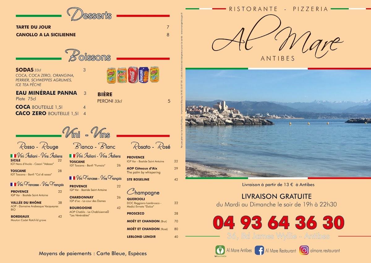 Menu at AL MARE restaurant, Antibes