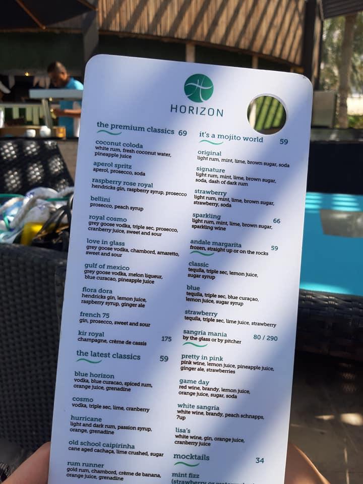 Menu at Horizon pub & bar, Dubai, Le Meridien Mina Seyahi Beach Resort ...