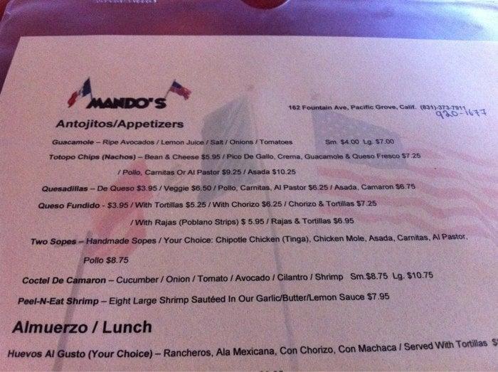 Menu at Mando's Restaurant, Pacific Grove