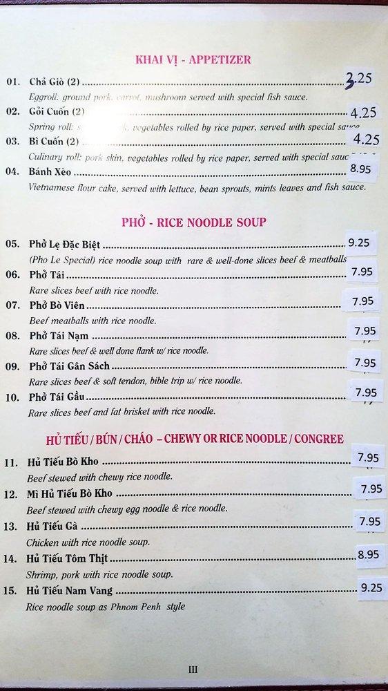 Carta de Pho Le Restaurant, Carol Stream