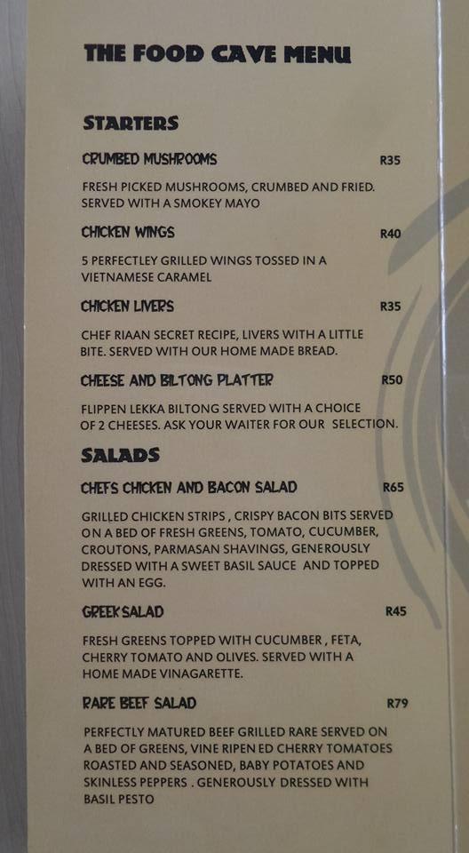 Menu at The Food Cave restaurant, Port Elizabeth
