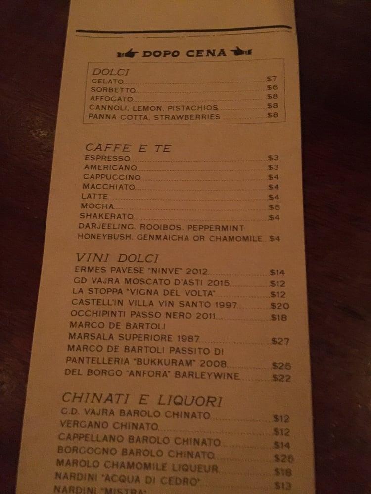 Menu at Ava Gene's restaurant, Portland