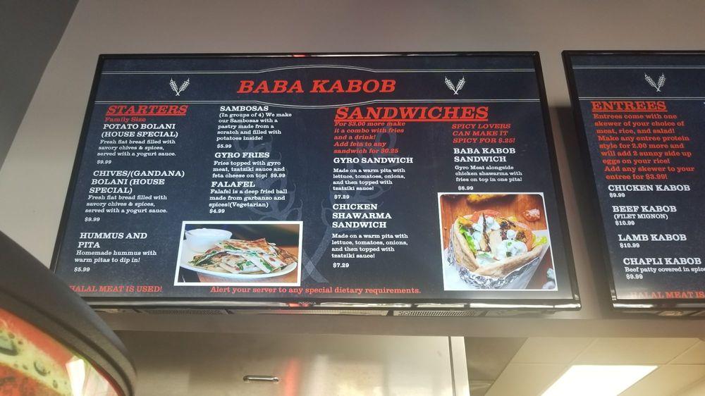 Menu at Baba Kabob restaurant, San Diego