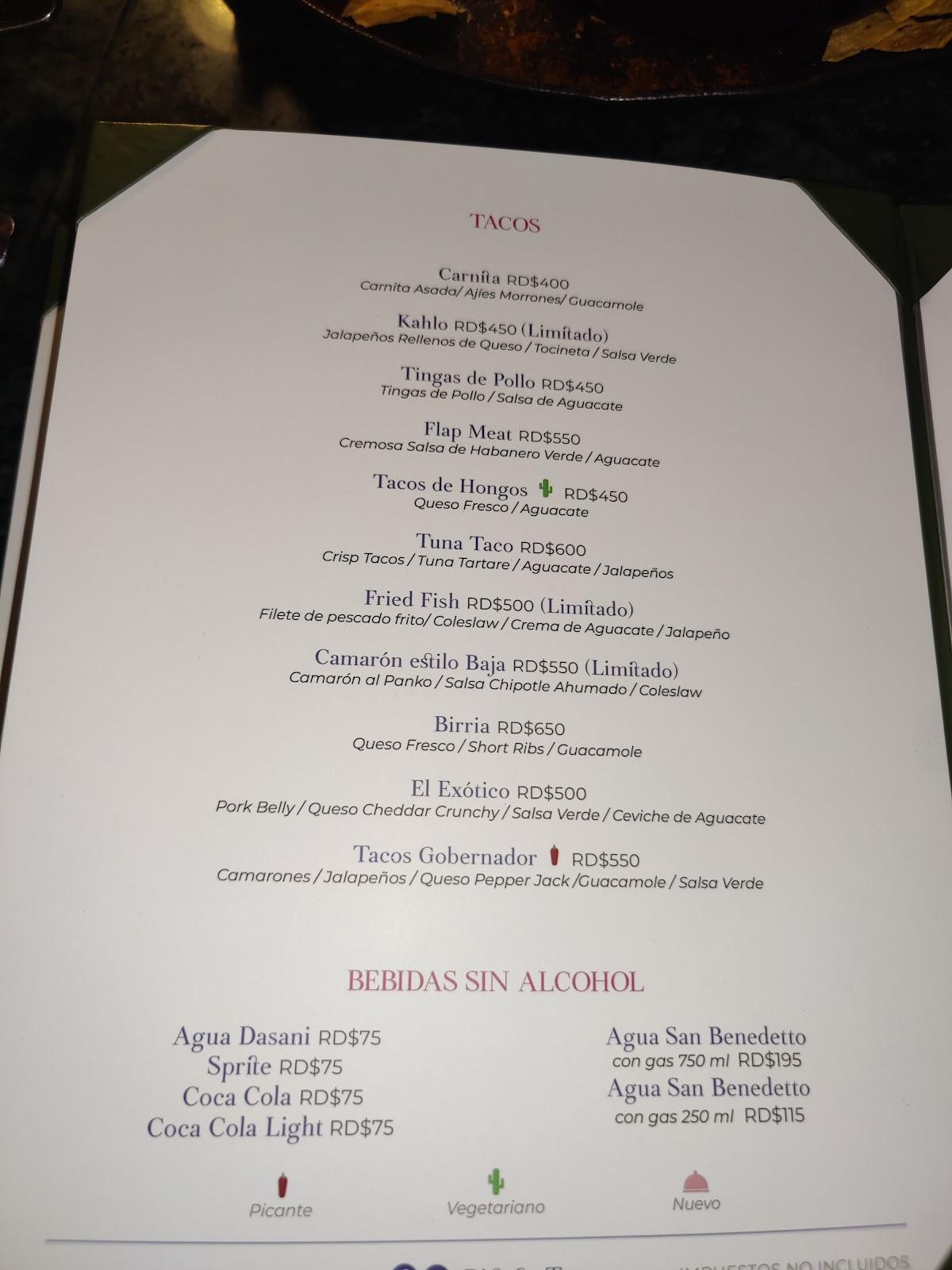 Menu at Distrito Taco Bella vista restaurant, Santo Domingo