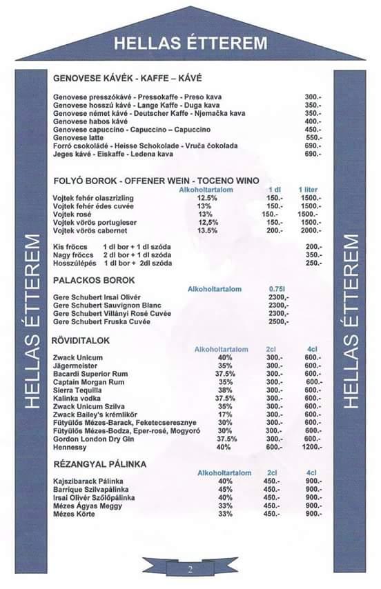 Menu at Hellas Étterem restaurant, Harkány